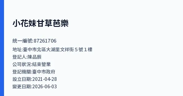 小花妹甘草芭樂的照片-統編 87261706(臺中市) 公司登記資料與營業項目詳細圖表