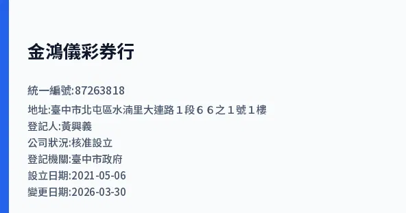 金鴻儀彩券行的照片-統編 87263818(臺中市) 公司登記資料與營業項目詳細圖表