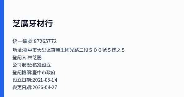 芝廣牙材行的照片-統編 87265772(臺中市) 公司登記資料與營業項目詳細圖表
