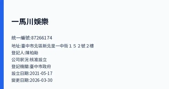 一馬川娛樂的照片-統編 87266174(臺中市) 公司登記資料與營業項目詳細圖表