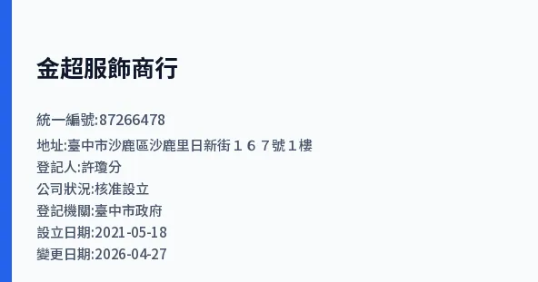 金超服飾商行的照片-統編 87266478(臺中市) 公司登記資料與營業項目詳細圖表