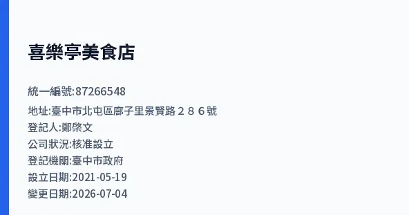 喜樂亭美食店的照片-統編 87266548(臺中市) 公司登記資料與營業項目詳細圖表