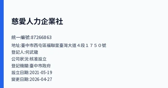 慈愛人力企業社的照片-統編 87266863(臺中市) 公司登記資料與營業項目詳細圖表