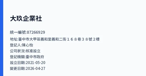 大玖企業社的照片-統編 87266929(臺中市) 公司登記資料與營業項目詳細圖表