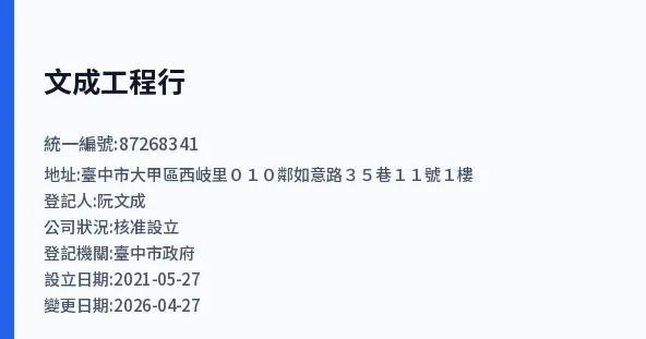 文成工程行的照片-統編 87268341(臺中市) 公司登記資料與營業項目詳細圖表