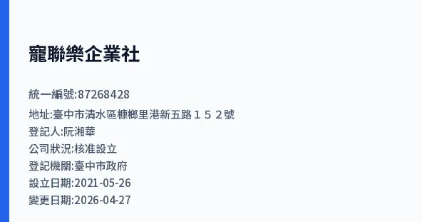 寵聯樂企業社的照片-統編 87268428(臺中市) 公司登記資料與營業項目詳細圖表