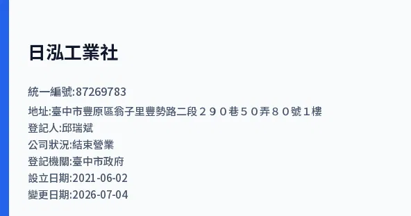 日泓工業社的照片-統編 87269783(臺中市) 公司登記資料與營業項目詳細圖表