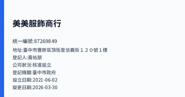 美美服飾商行的照片-統編 87269849(臺中市) 公司登記資料與營業項目詳細圖表