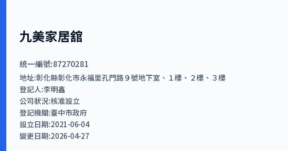 九美家居舘的照片-統編 87270281(彰化縣) 公司登記資料與營業項目詳細圖表