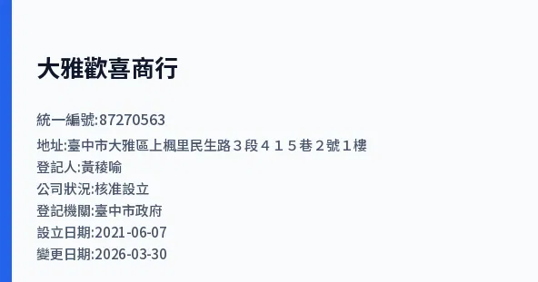 大雅歡喜商行的照片-統編 87270563(臺中市) 公司登記資料與營業項目詳細圖表