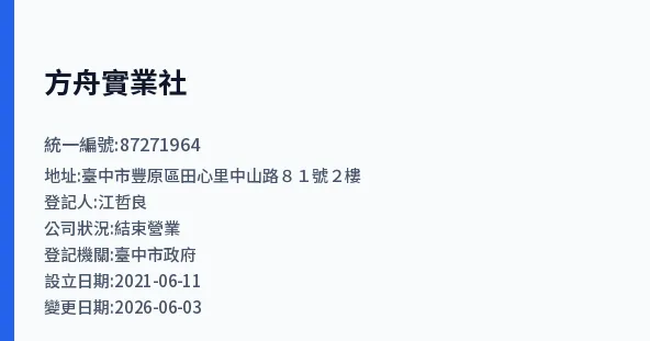 方舟實業社的照片-統編 87271964(臺中市) 公司登記資料與營業項目詳細圖表