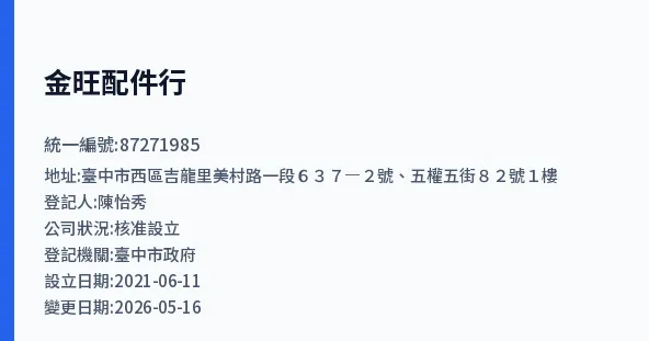 金旺配件行的照片-統編 87271985(臺中市) 公司登記資料與營業項目詳細圖表