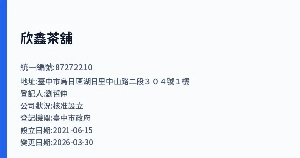 欣鑫茶舖的照片-統編 87272210(臺中市) 公司登記資料與營業項目詳細圖表