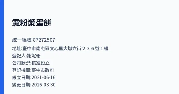霏粉漿蛋餅的照片-統編 87272507(臺中市) 公司登記資料與營業項目詳細圖表
