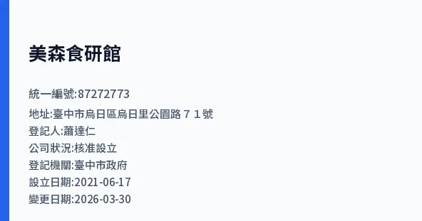 美森食研館的照片-統編 87272773(臺中市) 公司登記資料與營業項目詳細圖表
