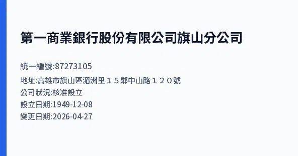 第一商業銀行股份有限公司旗山分公司的照片-統編 87273105(高雄市) 公司登記資料與營業項目詳細圖表