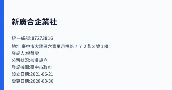 新廣合企業社的照片-統編 87273816(臺中市) 公司登記資料與營業項目詳細圖表