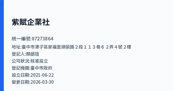 紫賦企業社的照片-統編 87273864(臺中市) 公司登記資料與營業項目詳細圖表