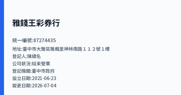雅錢王彩券行的照片-統編 87274435(臺中市) 公司登記資料與營業項目詳細圖表