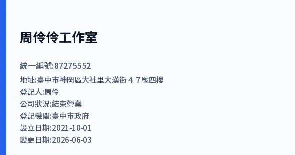 周伶伶工作室的照片-統編 87275552(臺中市) 公司登記資料與營業項目詳細圖表