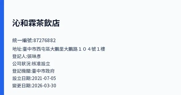 沁和霖茶飲店的照片-統編 87276882(臺中市) 公司登記資料與營業項目詳細圖表