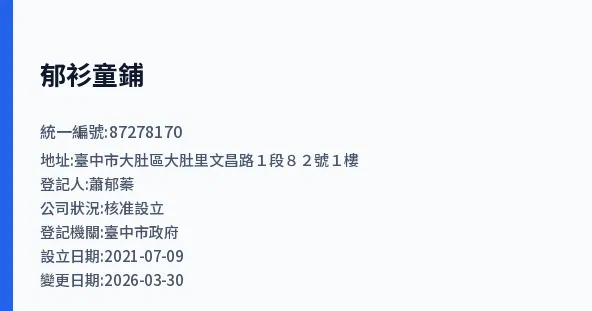 郁衫童鋪的照片-統編 87278170(臺中市) 公司登記資料與營業項目詳細圖表
