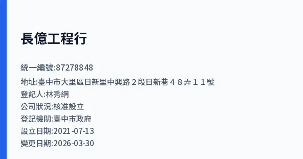 長億工程行的照片-統編 87278848(臺中市) 公司登記資料與營業項目詳細圖表