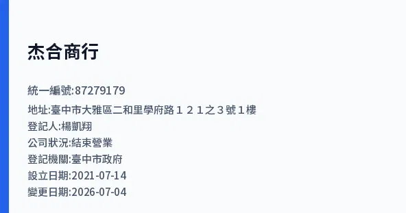杰合商行的照片-統編 87279179(臺中市) 公司登記資料與營業項目詳細圖表