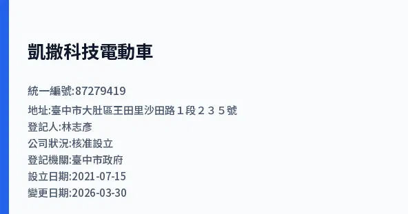 凱撒科技電動車的照片-統編 87279419(臺中市) 公司登記資料與營業項目詳細圖表