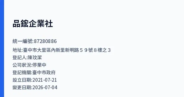 品鋐企業社的照片-統編 87280886(臺中市) 公司登記資料與營業項目詳細圖表