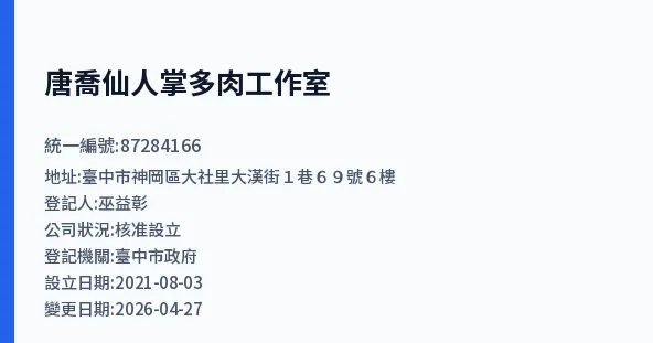 唐喬仙人掌多肉工作室的照片-統編 87284166(臺中市) 公司登記資料與營業項目詳細圖表