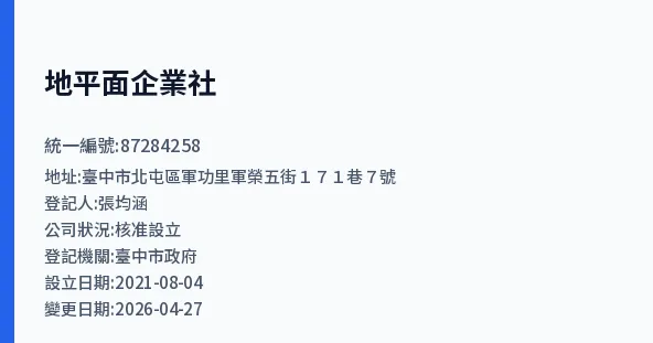 地平面企業社的照片-統編 87284258(臺中市) 公司登記資料與營業項目詳細圖表