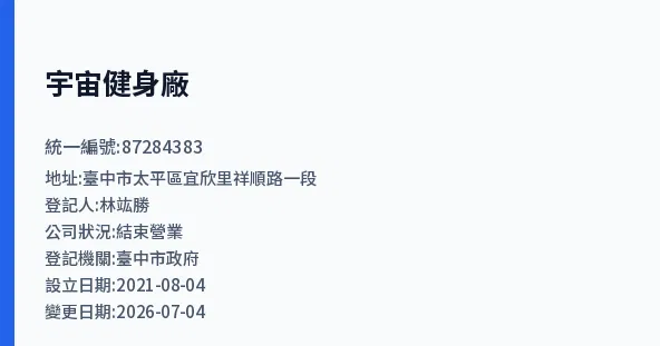 宇宙健身廠的照片-統編 87284383(臺中市) 公司登記資料與營業項目詳細圖表