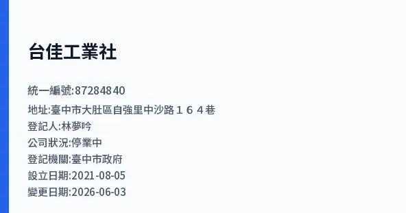 台佳工業社的照片-統編 87284840(臺中市) 公司登記資料與營業項目詳細圖表