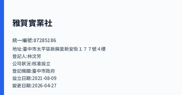 雅賀實業社的照片-統編 87285186(臺中市) 公司登記資料與營業項目詳細圖表