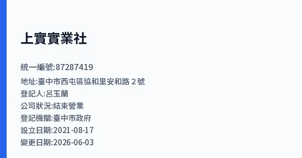 上實實業社的照片-統編 87287419(臺中市) 公司登記資料與營業項目詳細圖表