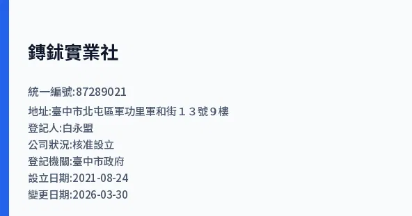 鏄鉥實業社的照片-統編 87289021(臺中市) 公司登記資料與營業項目詳細圖表