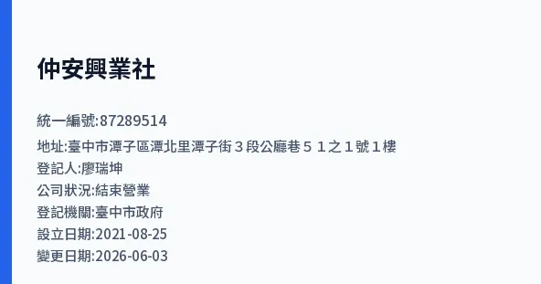 仲安興業社的照片-統編 87289514(臺中市) 公司登記資料與營業項目詳細圖表