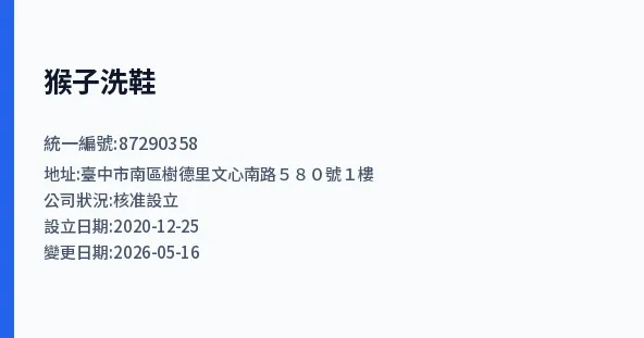 猴子洗鞋的照片-統編 87290358(臺中市) 公司登記資料與營業項目詳細圖表