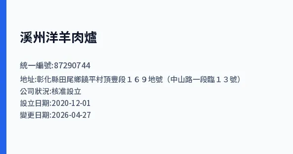 溪州洋羊肉爐的照片-統編 87290744(彰化縣) 公司登記資料與營業項目詳細圖表