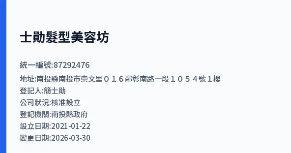 士勛髮型美容坊的照片-統編 87292476(南投縣) 公司登記資料與營業項目詳細圖表