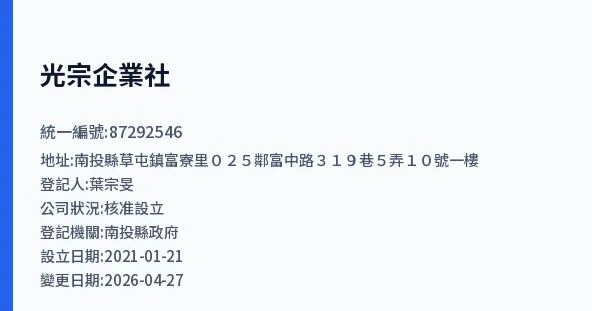 光宗企業社的照片-統編 87292546(南投縣) 公司登記資料與營業項目詳細圖表