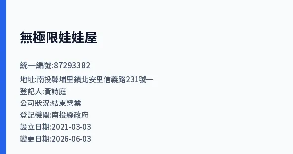 無極限娃娃屋的照片-統編 87293382(南投縣) 公司登記資料與營業項目詳細圖表