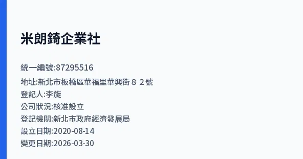 米朗錡企業社的照片-統編 87295516(新北市) 公司登記資料與營業項目詳細圖表