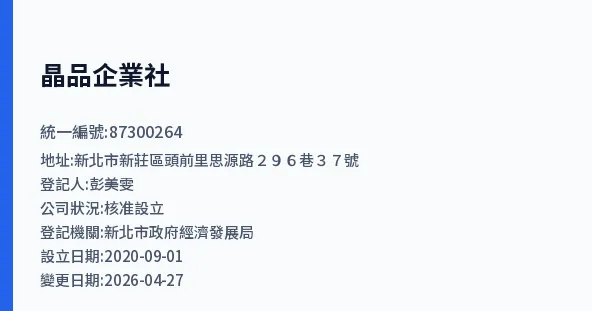 晶品企業社的照片-統編 87300264(新北市) 公司登記資料與營業項目詳細圖表