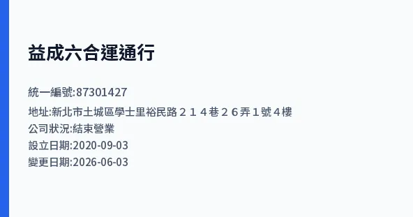 益成六合運通行的照片-統編 87301427(新北市) 公司登記資料與營業項目詳細圖表