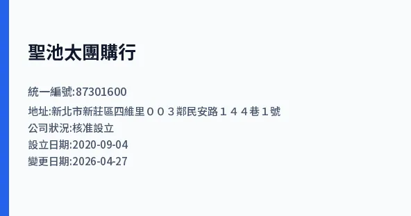 聖池太團購行的照片-統編 87301600(新北市) 公司登記資料與營業項目詳細圖表