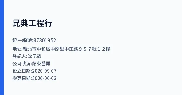 昆典工程行的照片-統編 87301952(新北市) 公司登記資料與營業項目詳細圖表