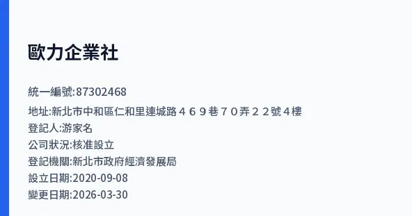 歐力企業社的照片-統編 87302468(新北市) 公司登記資料與營業項目詳細圖表
