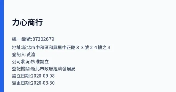力心商行的照片-統編 87302679(新北市) 公司登記資料與營業項目詳細圖表